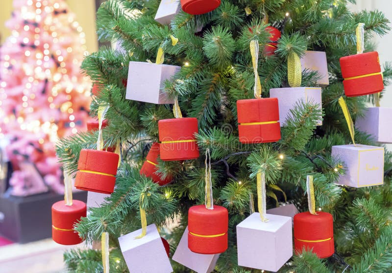 The Christmas Tree is Decorated with Various Gifts in Small Boxes Stock ...