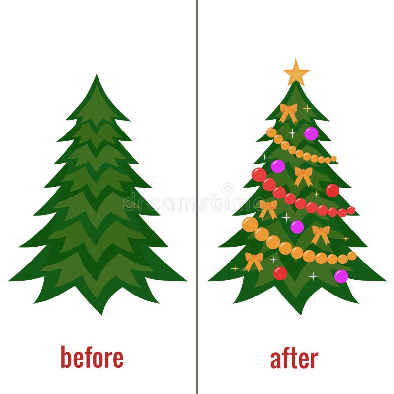 Christmas Tree before and after Decorating Vector Illustration. Stock ...