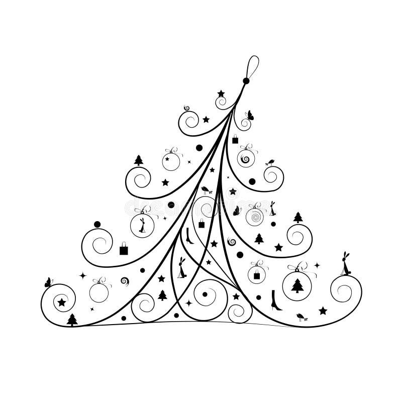 Swirl Christmas Tree Pattern Sketch Coloring Page