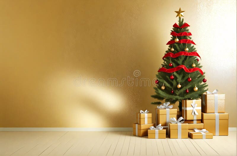 Christmas Tree with Decoration and Stack of Present. Cream and Gold ...