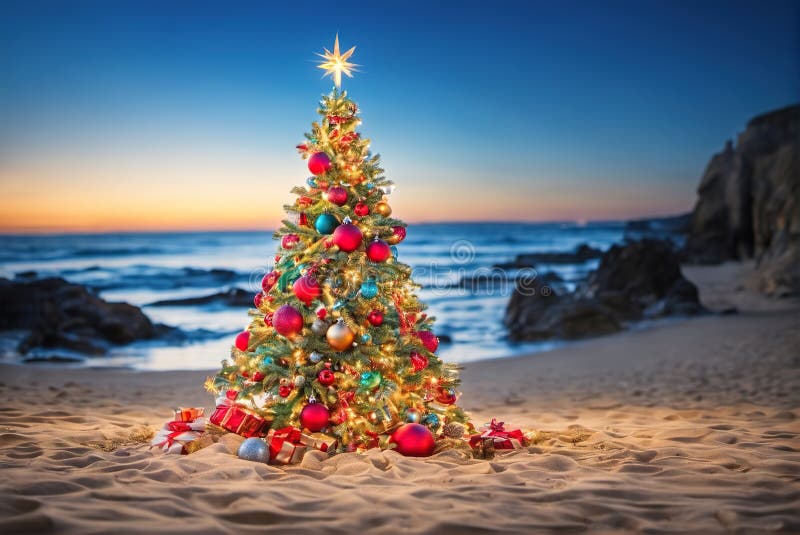 Christmas Tree with Decorations on the Beach Stock Illustration ...