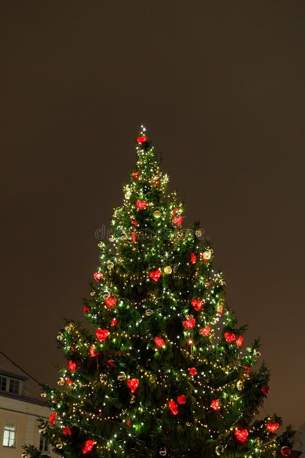Christmas Tree with Decorations and Lights, European Christmas Market ...