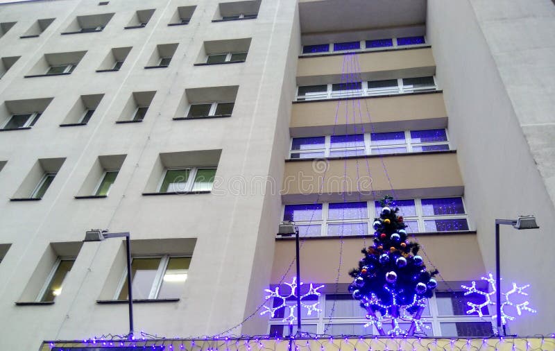 Christmas Tree Decorations and Lights on a House Street Stock Photo ...