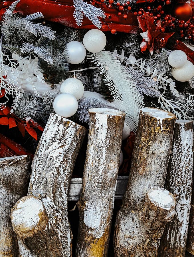 Christmas Tree with Decorations and Logs Stock Image - Image of shiny ...