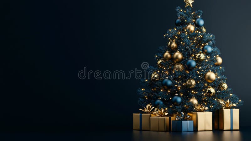 A Christmas Tree with Decorations and a Navy Blue Background. Stock ...