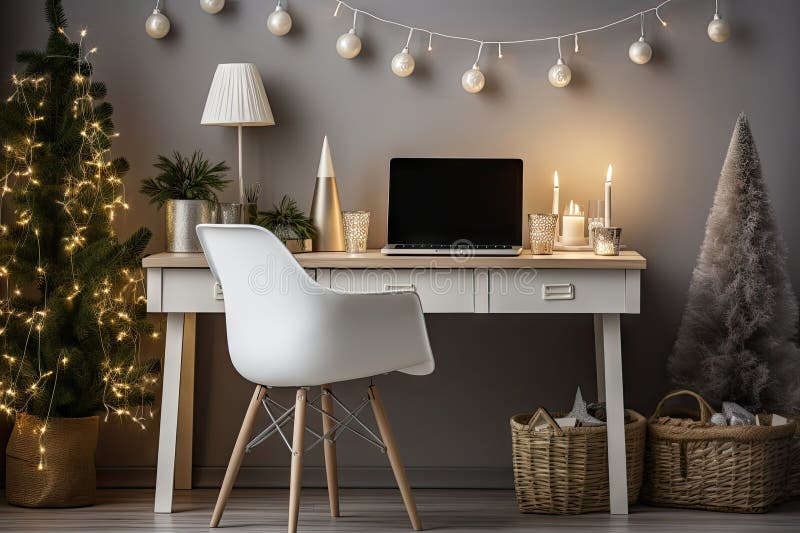 A Christmas Tree and a Desk with a Computer Stock Illustration ...