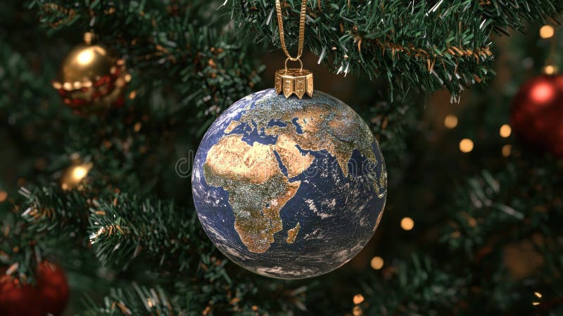Christmas Tree with Earth Globe Ornament among Other Decorations ...