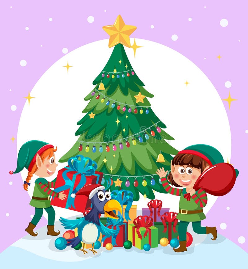 Christmas Tree with Elves Cartoon Character Stock Vector - Illustration ...