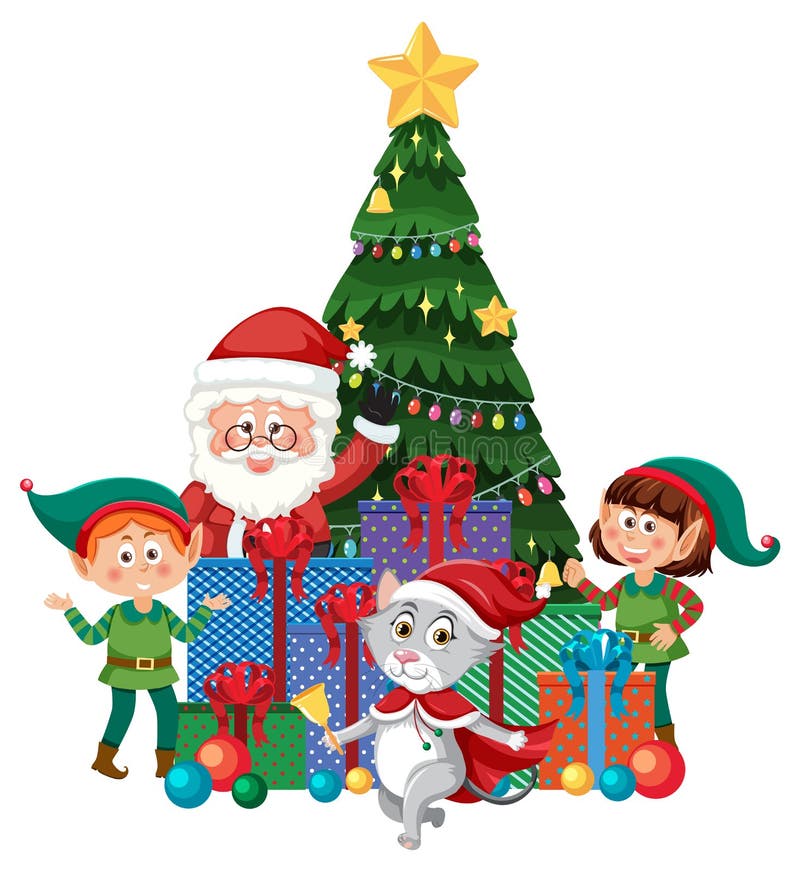 Christmas Tree with Elves Cartoon Character Stock Vector - Illustration ...