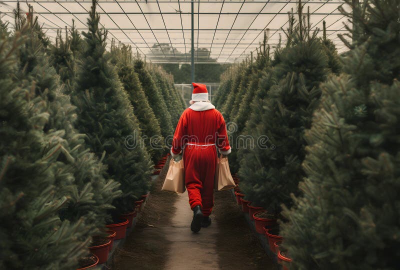 Christmas Tree Farm, Santa Carries Tree, Christmas Time, Stock Photo ...
