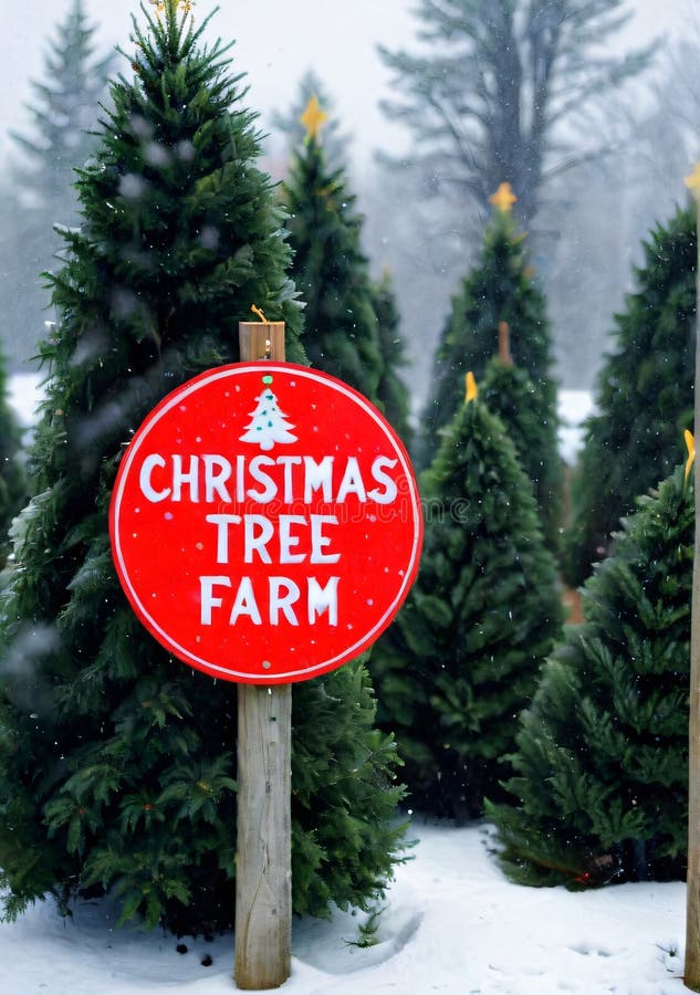 A Christmas Tree Farm Sign, with Snow Falling in the Background ...