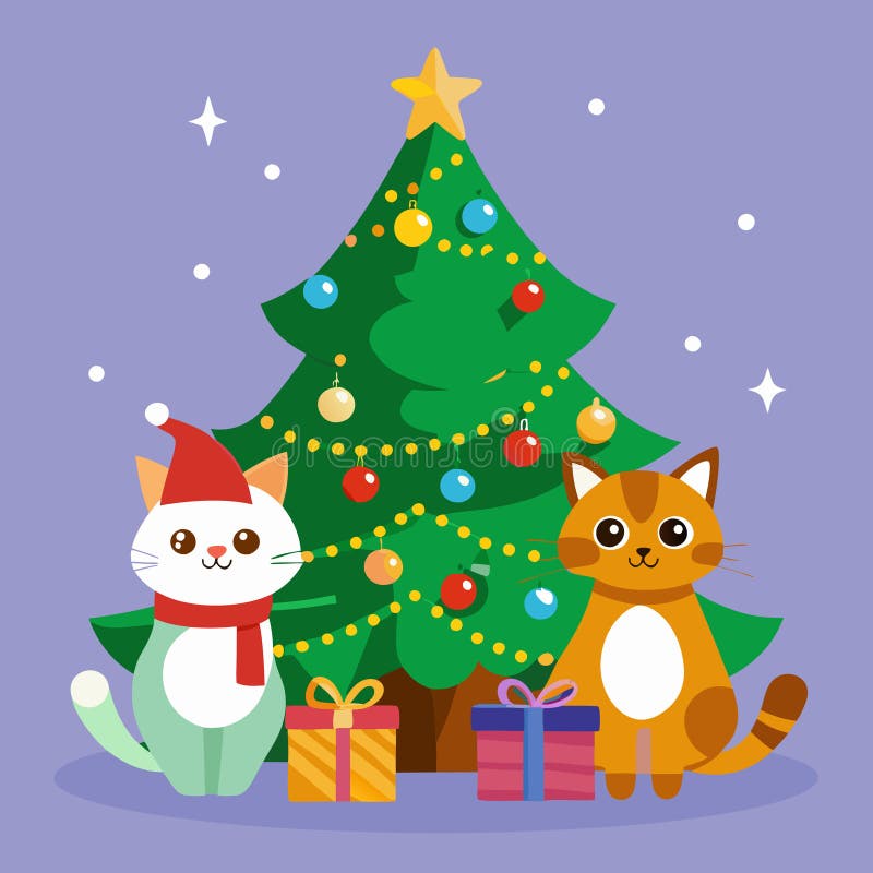 Christmas Tree with Festive Cats Stock Vector - Illustration of ...