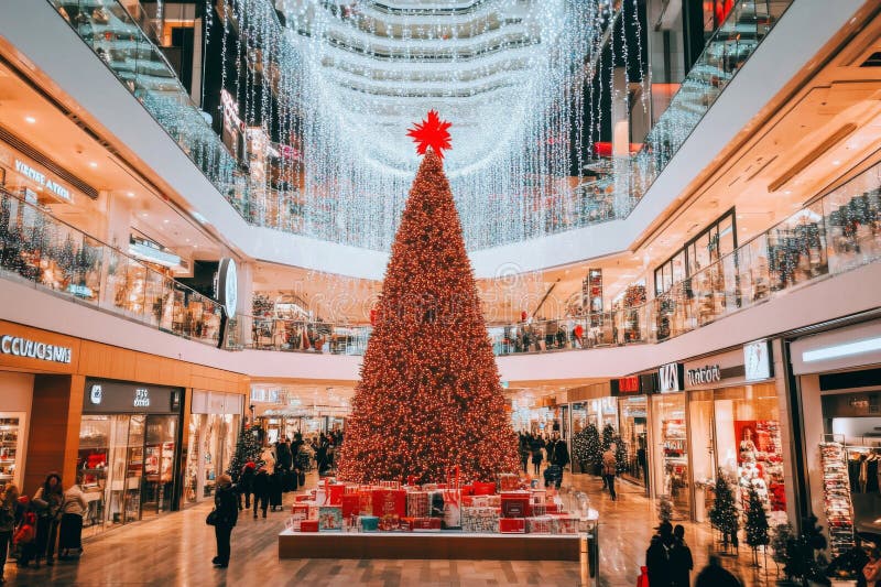 Christmas Tree in a Festive Shopping Mall Interior Stock Illustration ...