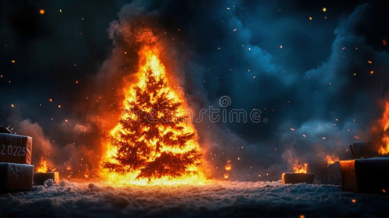 Christmas Tree on Fire in a Snowy Landscape Stock Illustration ...