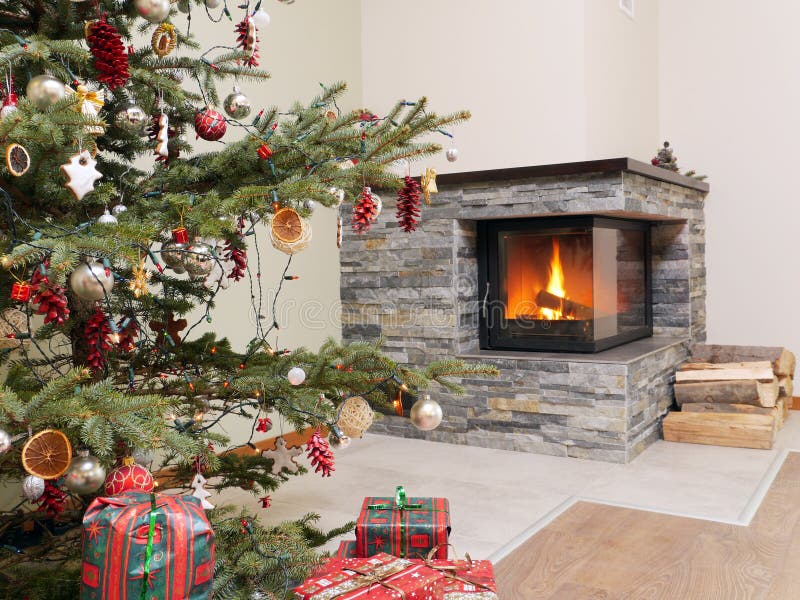 Christmas Tree by the Fireplace Stock Image - Image of christianity ...