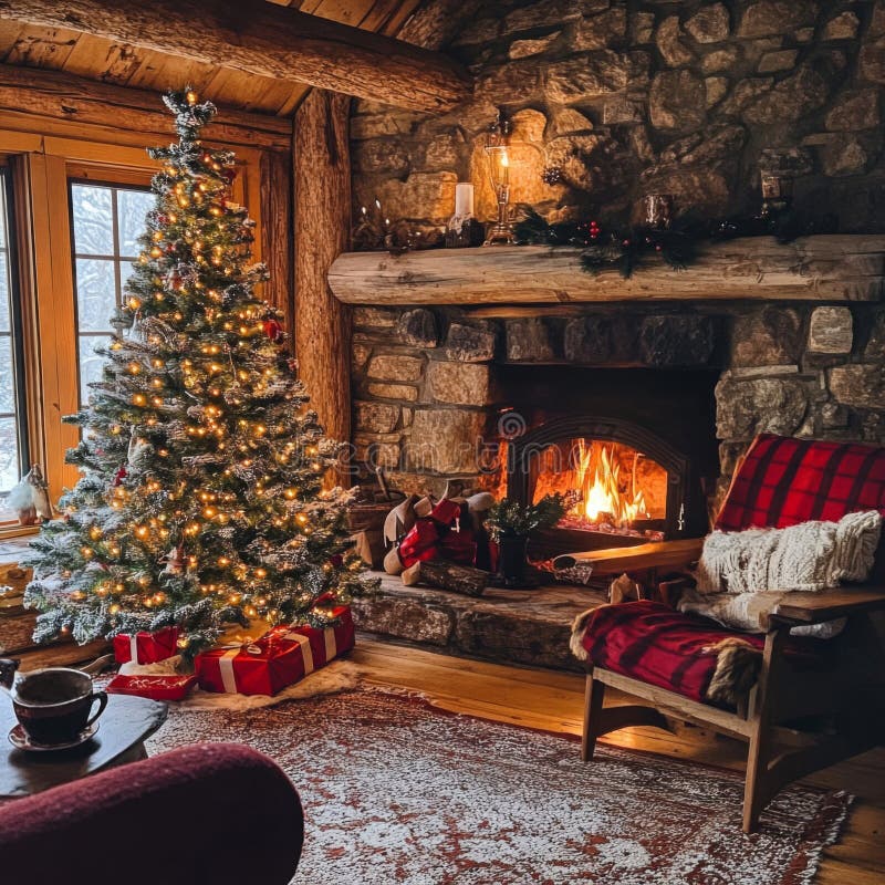 Christmas Tree, Fireplace, and Rustic Cabin Interior Stock Illustration ...