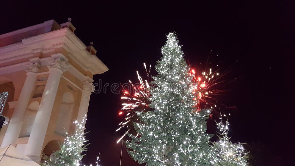 Christmas Tree with Fireworks Stock Photo - Image of xmas, tree: 84053132