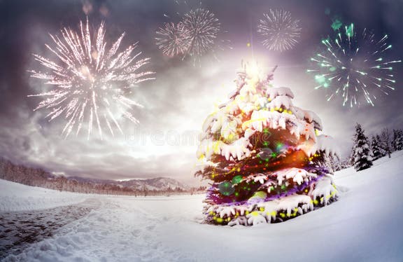 Christmas Tree with Fireworks Stock Photo - Image of festival, concept ...