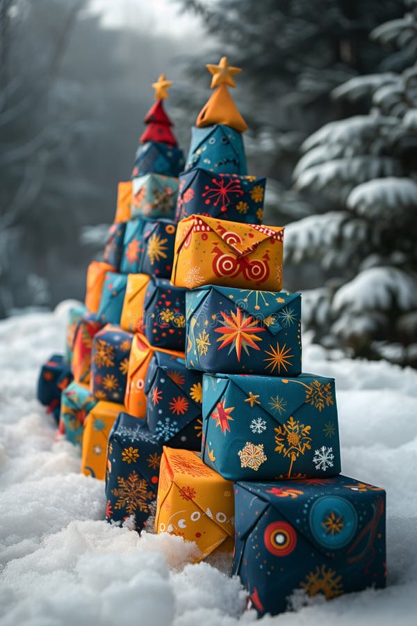 A Christmas Tree Formed by Wrapped Presents in a Snowy Landscape Stock ...