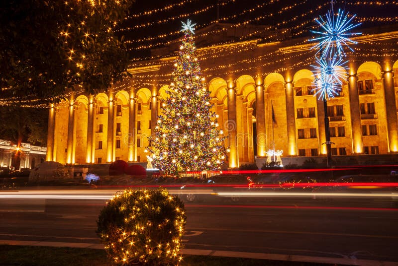 Christmas Tree in Front of the Parliament of Georgia. New Year Stock ...
