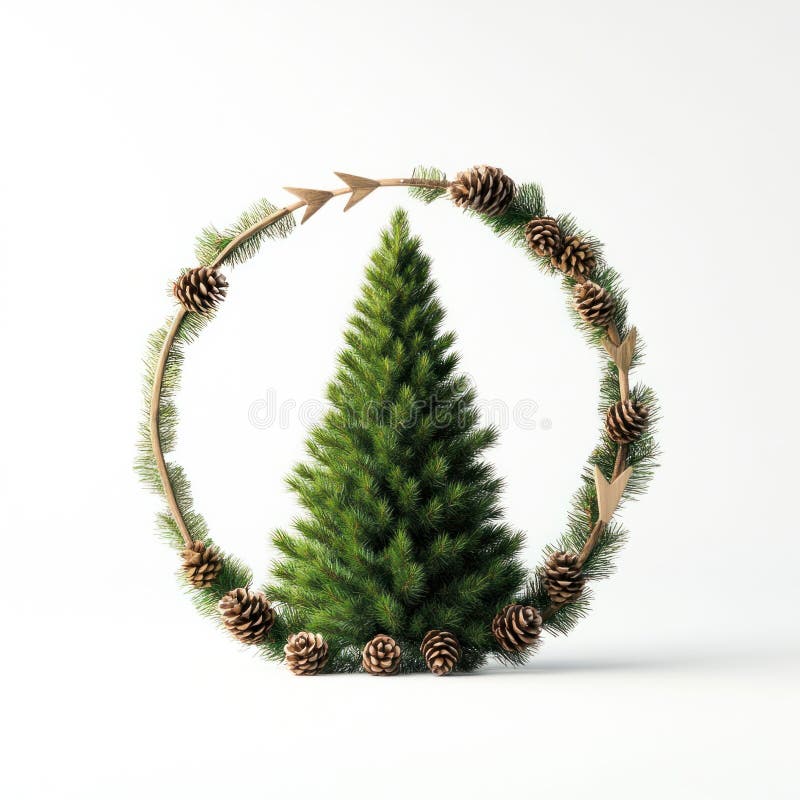Christmas Tree in Front of a Wooden Circular Frame Decorated with ...