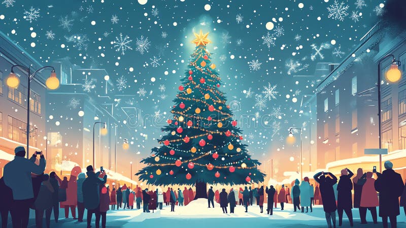 Christmas Tree Gathering in a Snowy City Square Stock Image - Image of ...