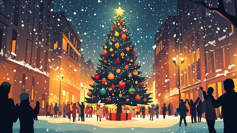 Christmas Tree Gathering in a Snowy City Square Stock Image - Image of ...