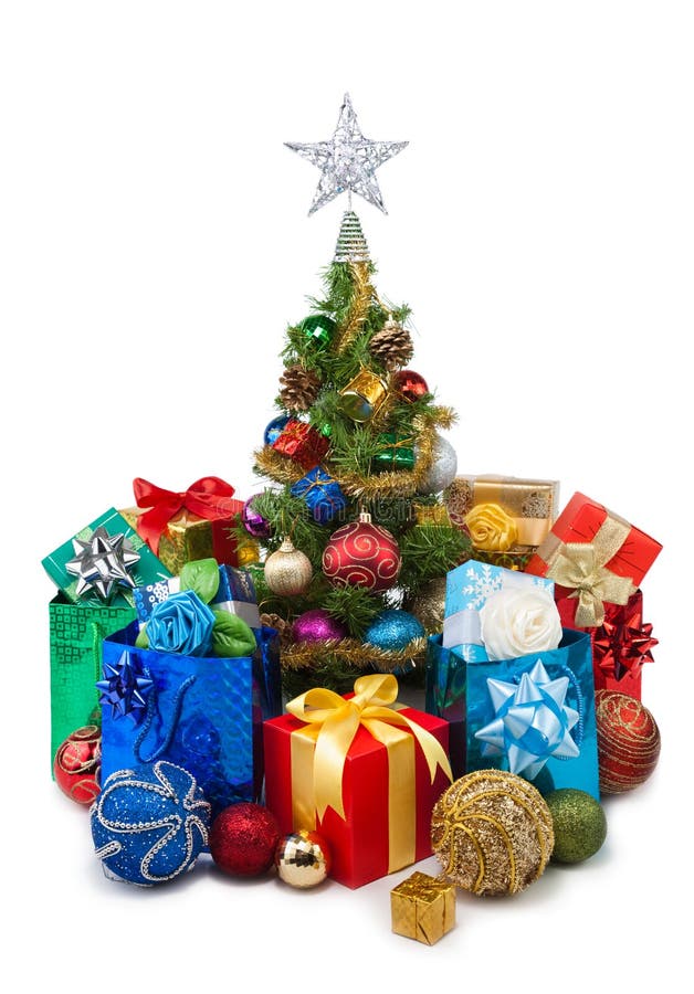 Decorated Christmas Tree with Gifts Isolated Stock Photo - Image of ...