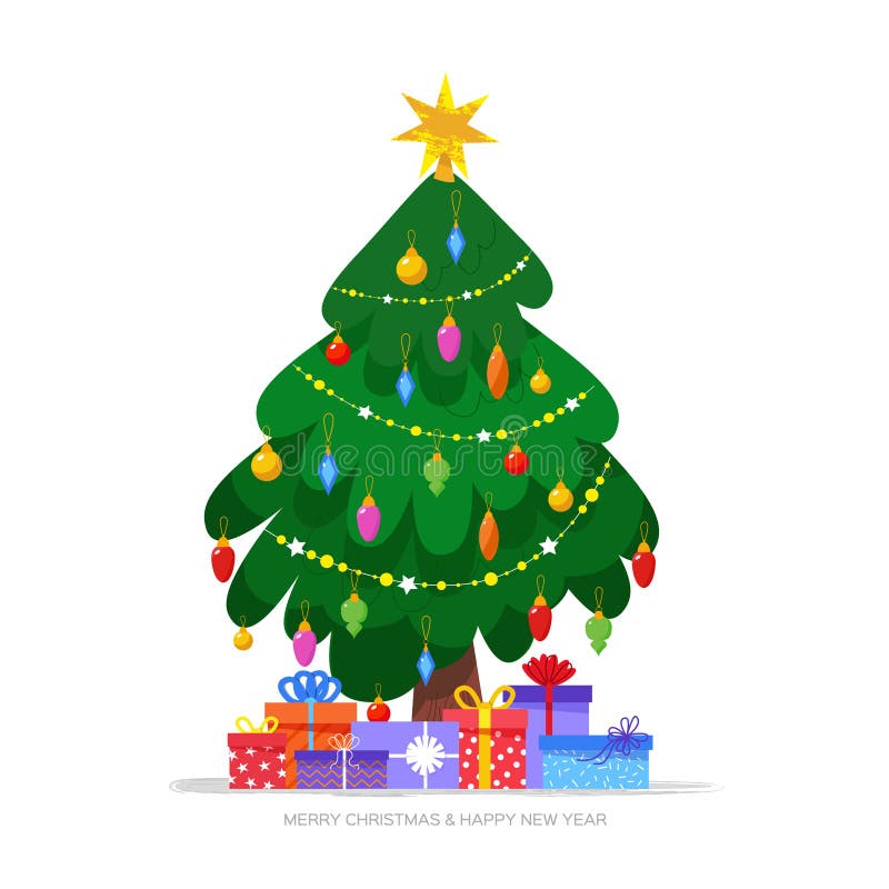 Christmas Tree with Gift Boxes. Decoration Balls and Light Bulb Chain ...