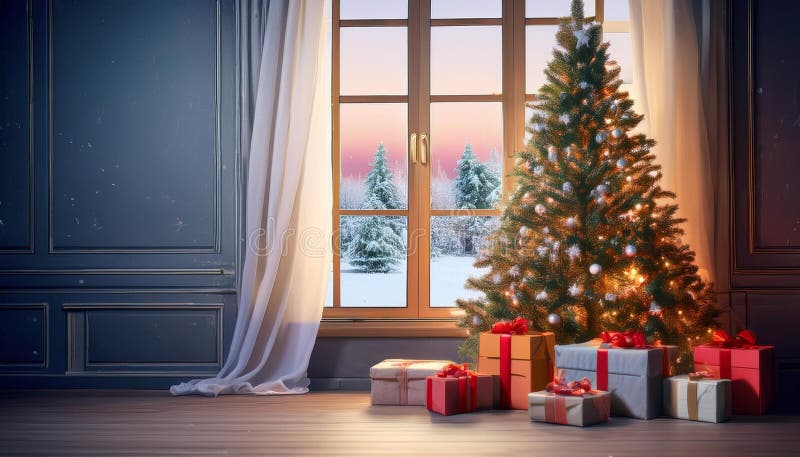 Christmas Tree and Gift Boxes Near the Window Stock Illustration ...