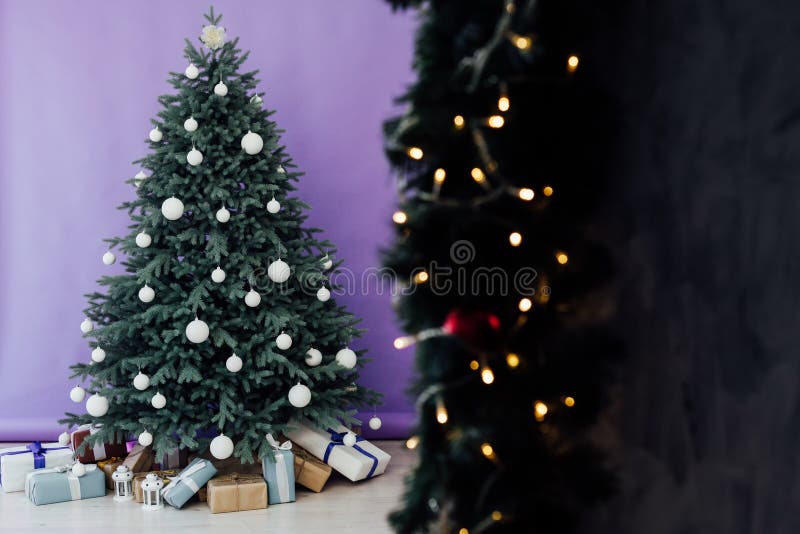 Christmas Tree with Gifts Decor New Year Feast Winter Background Stock ...