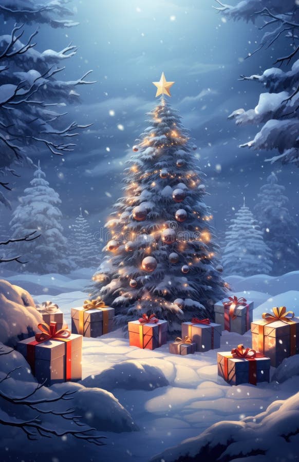 Christmas Tree with Gifts on the Ground, Stock Image - Image of ...