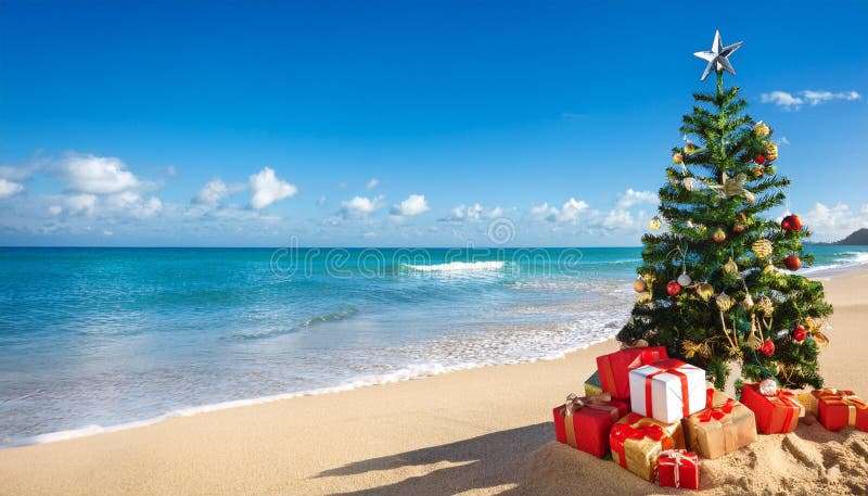 Christmas Tree and Gifts on the Sandy Beach Stock Illustration ...