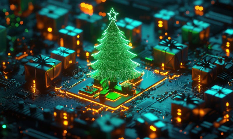 Christmas Tree Glowing on Circuit Board with Presents Stock Image ...