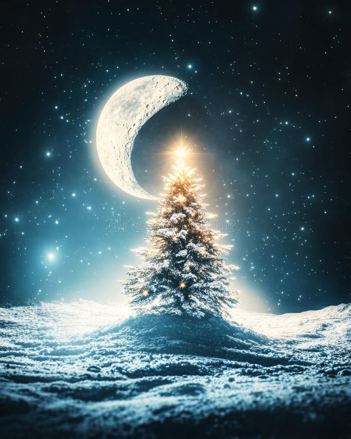 A Glowing Christmas Tree on the Moon Under Earthlight with Twinkling ...