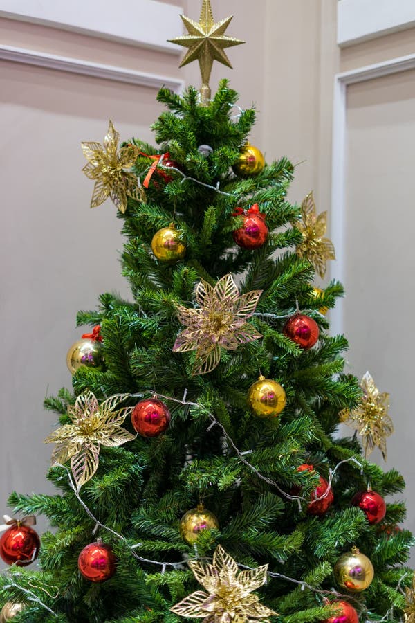 Christmas Tree with Gold and Red Balls Stock Photo - Image of tree ...