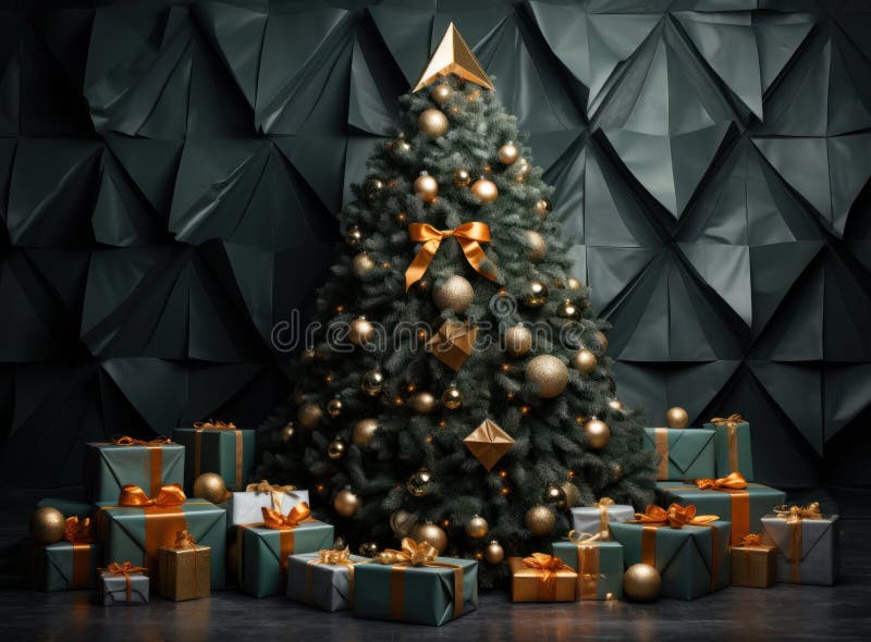 Christmas Tree from Green and Gold Gift Boxes Stock Photo - Image of ...