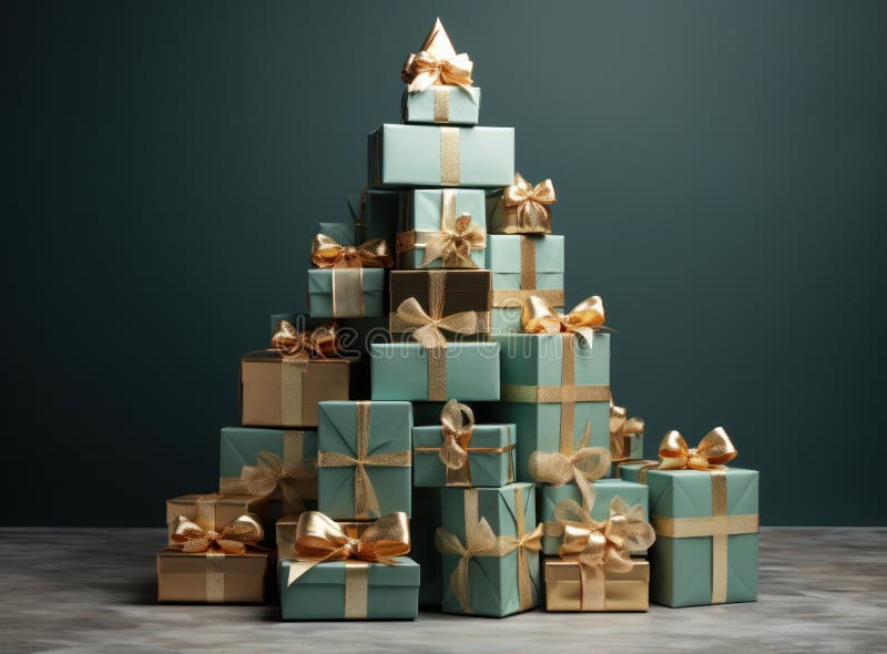 Christmas Tree from Green and Gold Gift Boxes Stock Image - Image of ...