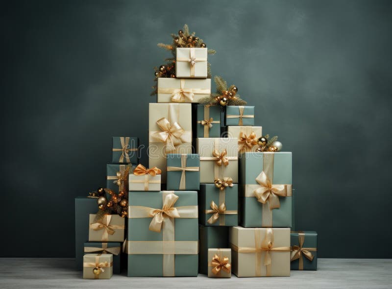 Christmas Tree from Green and Gold Gift Boxes Stock Photo - Image of ...