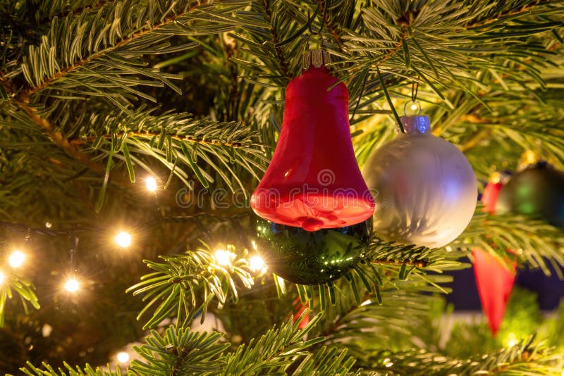 Christmas Tree, Green and White Balls, Red Bell and a Chain of Lights ...