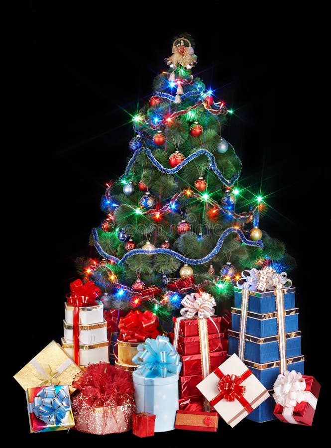 Christmas Tree and Group Gift Box. Stock Image - Image of decoration ...