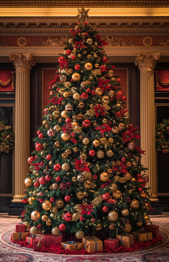 Christmas Tree in the Hall with Festival Red Flowers Stock Image ...