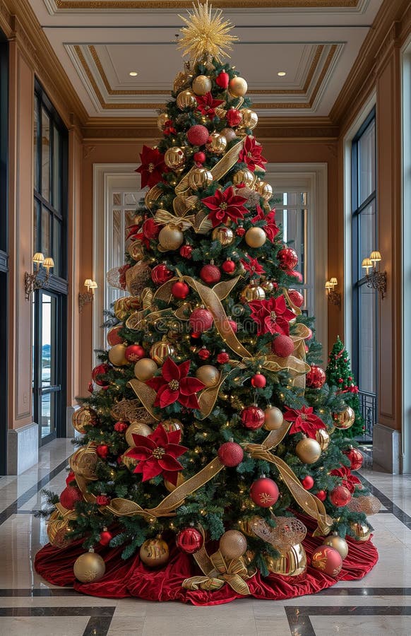 Christmas Tree in the Hall with Festival Red Flowers Stock Image ...