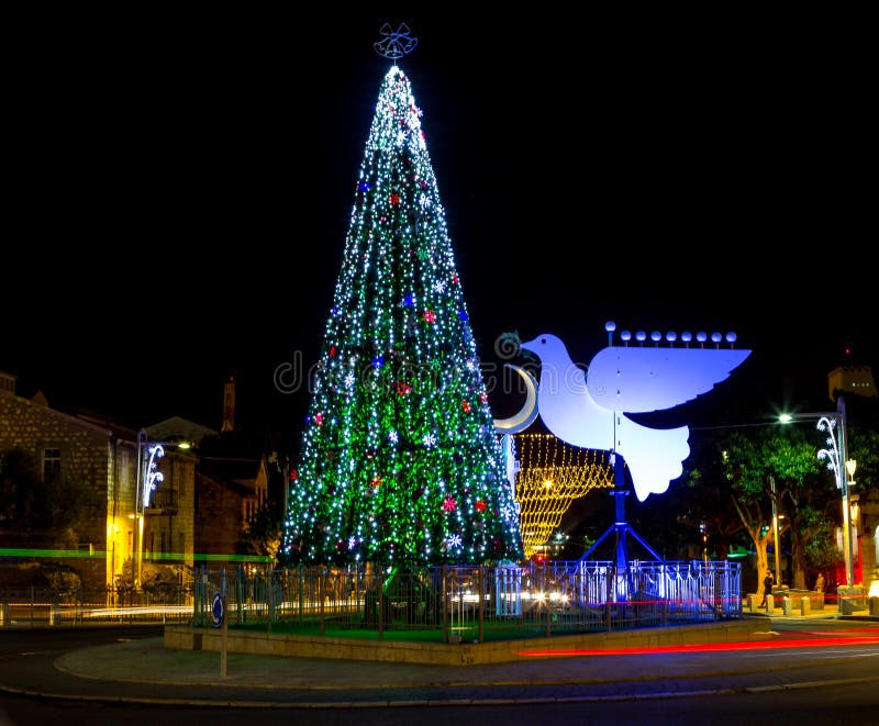 Christmas Tree and Hanukkah Menorah in Haifa Stock Photo - Image of ...