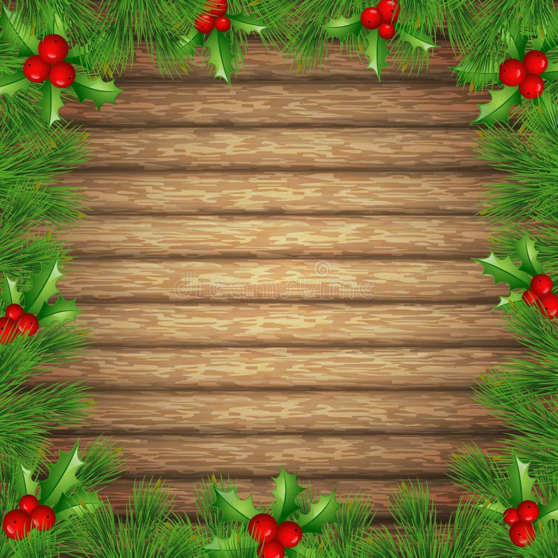Christmas Tree, Holly and Decorative Elements on Background of Boards ...