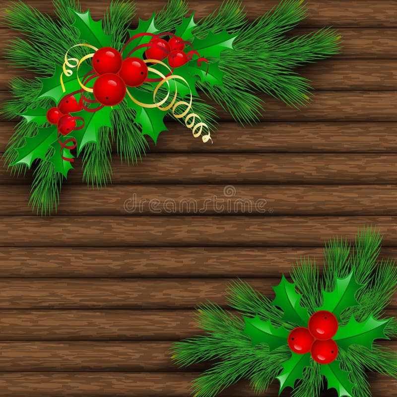 Christmas Tree, Holly and Decorative Elements on Background of Boards ...