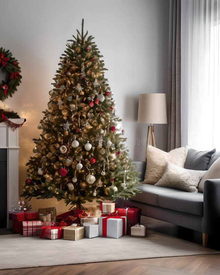 Christmas tree at home stock illustration. Illustration of present ...