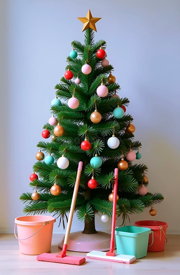 Christmas Tree with Household Cleaning Supplies. Buckets, Mops Stock ...