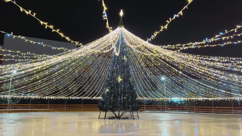 Christmas Tree on the Ice Rink Decorated with Garlands, Glowing Lights ...