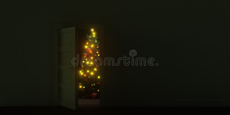 Christmas Tree Illuminated Behind Open Door. 3d Render Stock ...